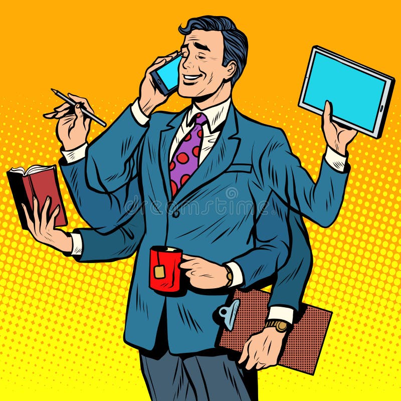 Comic Cartoon Of A Man Multitasking Stock Illustration - Illustration ...