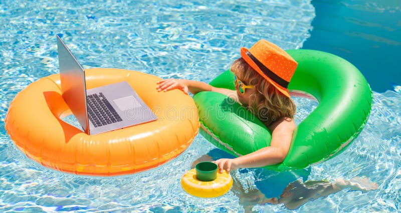 Business and Summer. Child Working on Laptop in Summer Pool Stock Image ...