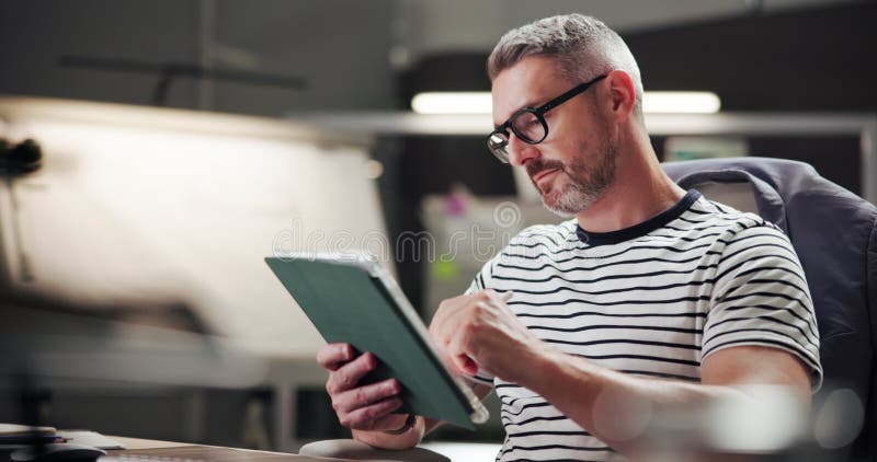 Business, Tablet and Man in Office, Drawing and Decision with Internet ...