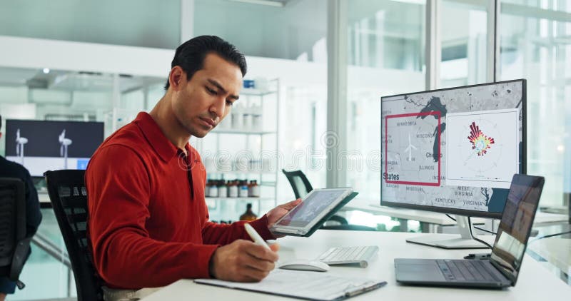 Business, Tablet and Man Writing in Office with Map for Wind Turbine ...