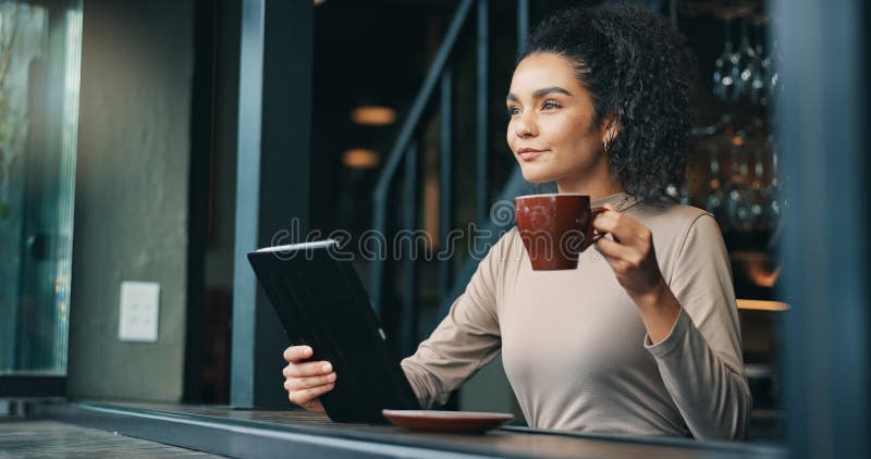 Business, Tablet and Woman in Coffee Shop, Thinking and Remote Work ...