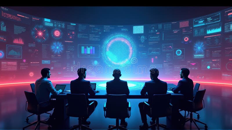 Business Team Analyzing Data on Futuristic Screen Stock Illustration ...