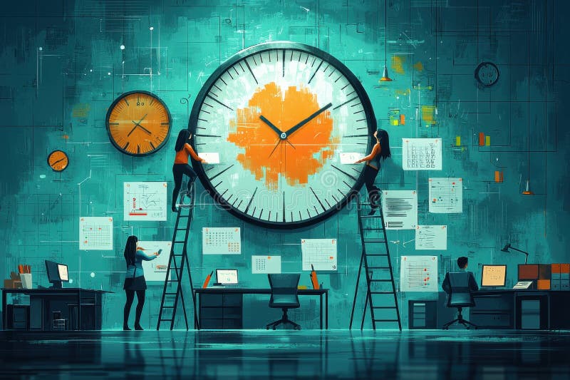 Business Team Analyzing Data with Large Clock in Workplace Stock Image ...