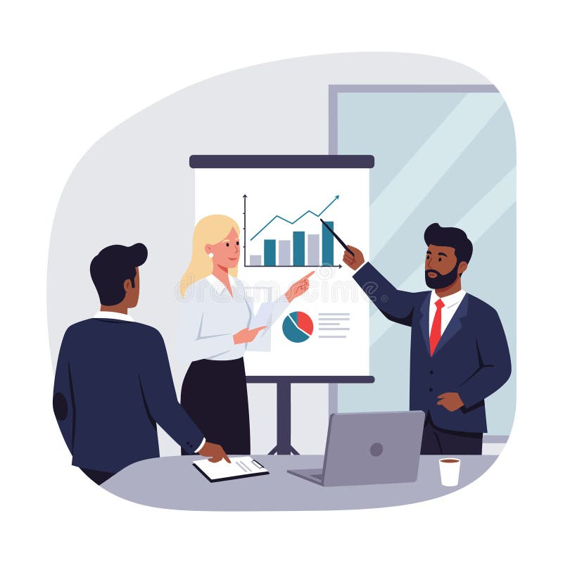 Business Team Analyzing Data during a Meeting in Flat Vector Art Style ...