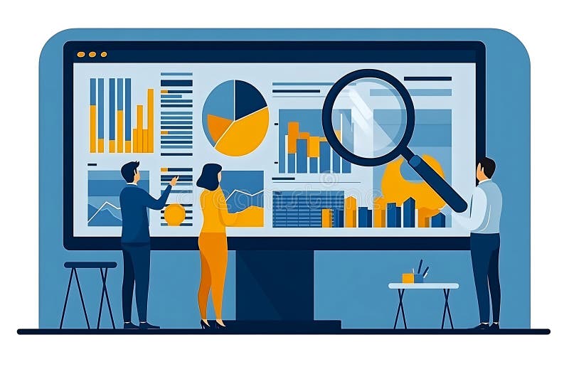 Business Team Analyzing Data on Screen with Charts and Magnifying Glass ...