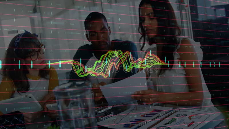 Business Team Analyzing Financial Graphs with Data Processing Animation ...