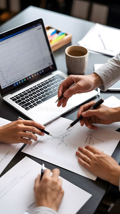 Business Team Analyzing Graphs and Data on Laptop and Papers during a ...