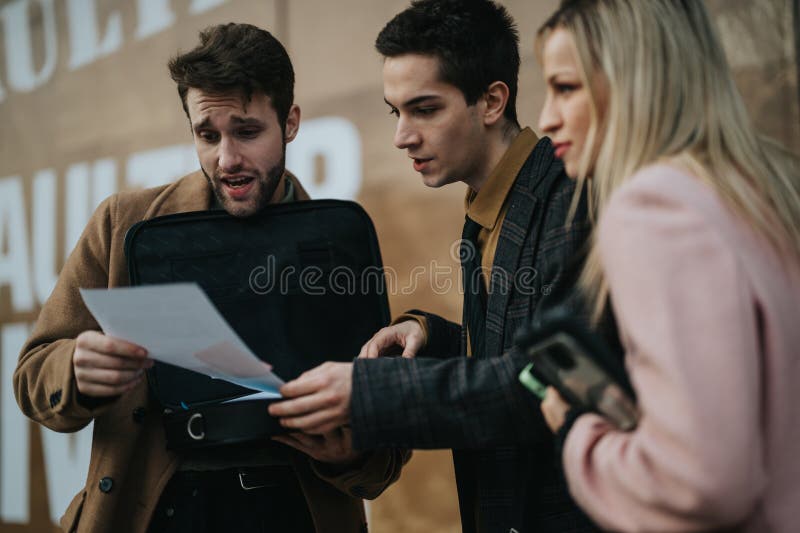Business Team Analyzing Project Documents Outside Office, Discussing ...
