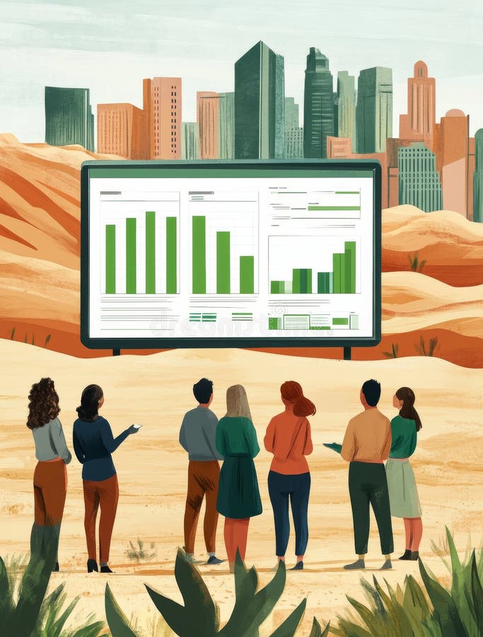 Business Team Analyzing Statistics on a Large Screen in an Urban ...