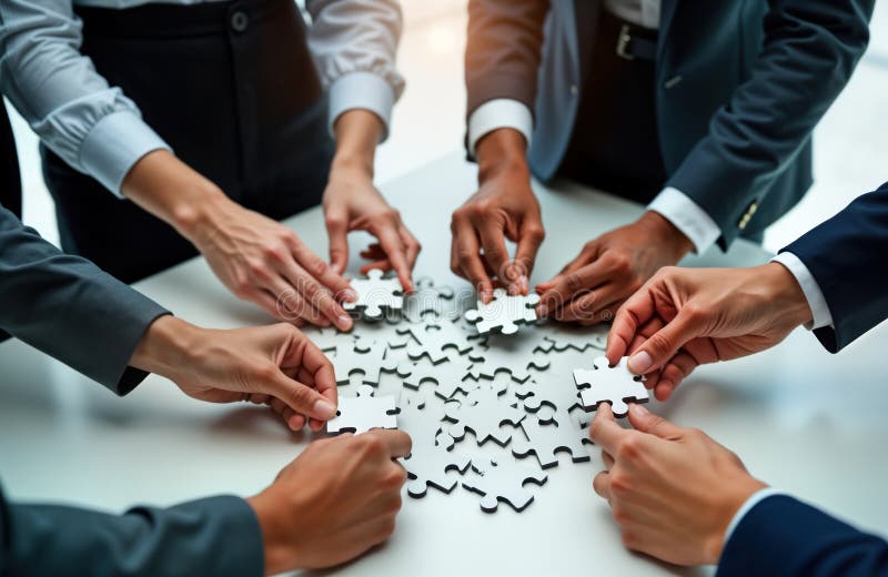 Business Team Assembles Jigsaw Puzzle. Diverse Group Collaborates on ...