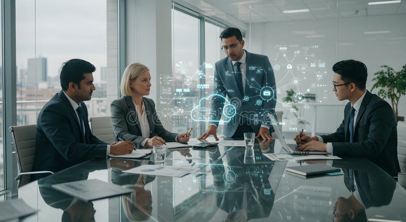 Business Team Brainstorming Cloud Computing Strategy in Modern Office Stock Illustration ...