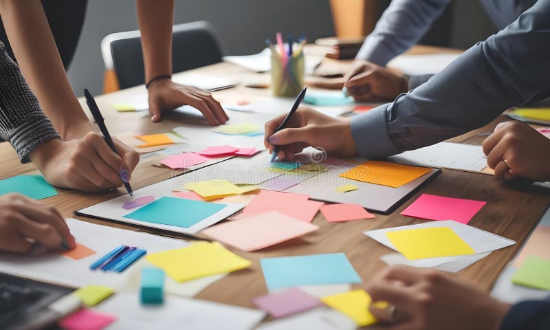 Business Team Brainstorming and Sharing Creative Ideas Using Sticky ...