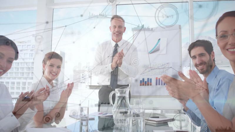 Business Team Clapping in Office with Data Network Animation Overlay ...