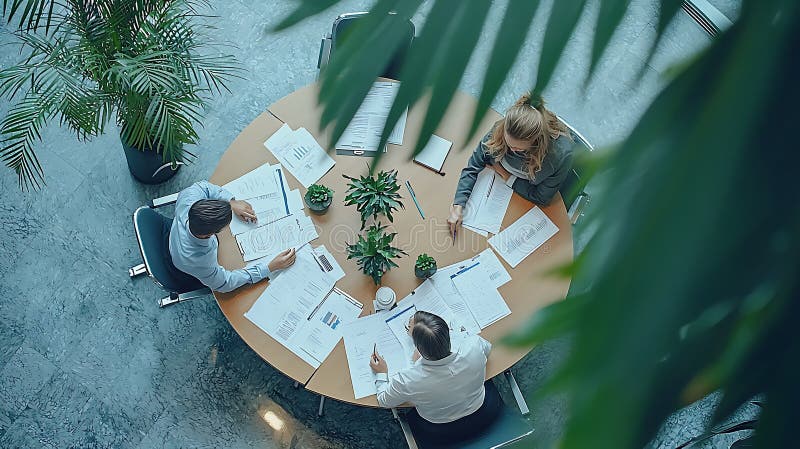 Business Team Collaborating Around a Round Table, Reviewing Documents ...