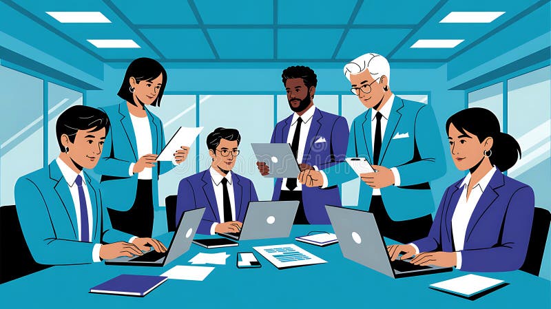 Business Team Collaborating in Conference Room with Laptops, Tablets ...