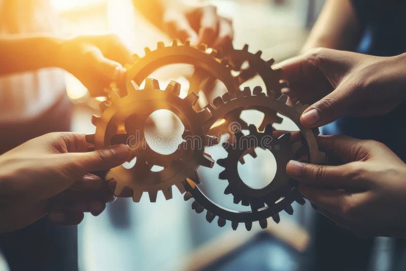 Business Team Collaborating and Connecting Gear Wheels, Signifying ...