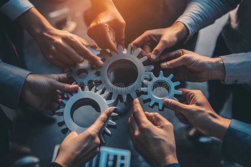 Business Team Collaborating and Connecting Gear Wheels, Signifying ...