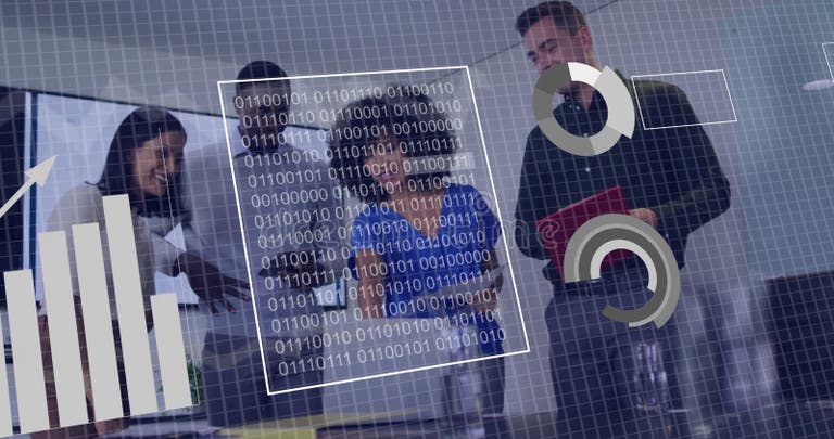 Business Team Collaborating with Data Charts and Binary Code Image Stock Image - Image of team ...