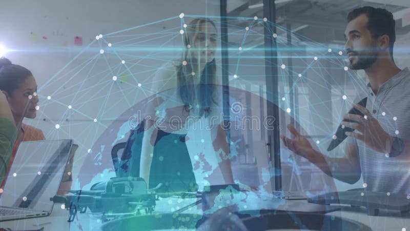 Business Team Collaborating with Digital Network and Globe Animation ...