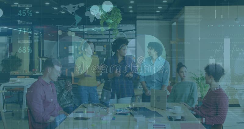 Business Team Collaborating in Office with Data Processing Animation ...