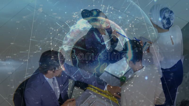 Business Team Collaborating Over Digital Globe and Data Network ...