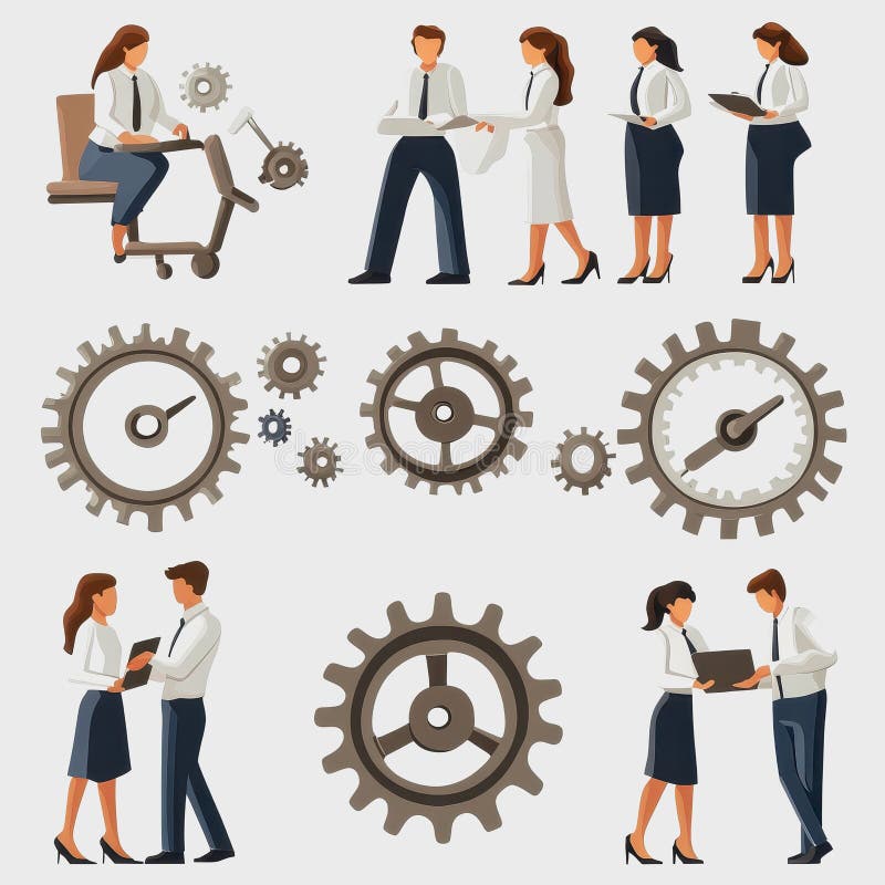 Business Team Collaborating and Using Gears in Office Setting with ...