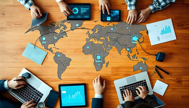 Business Team Collaboration Around Table with Digital World Map and ...