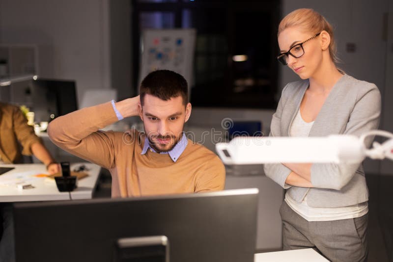 Business Team with Computer Working Late at Office Stock Image - Image ...