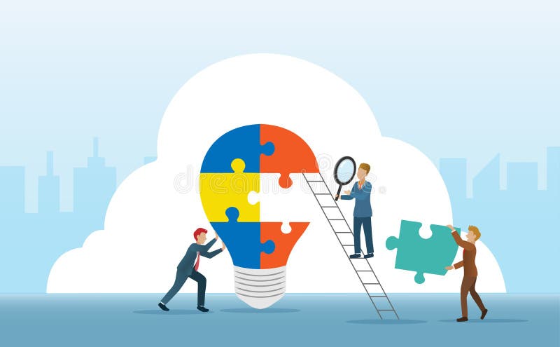 Business Team Connecting Jigsaw Puzzles Missing Pieces in Light Bulb ...