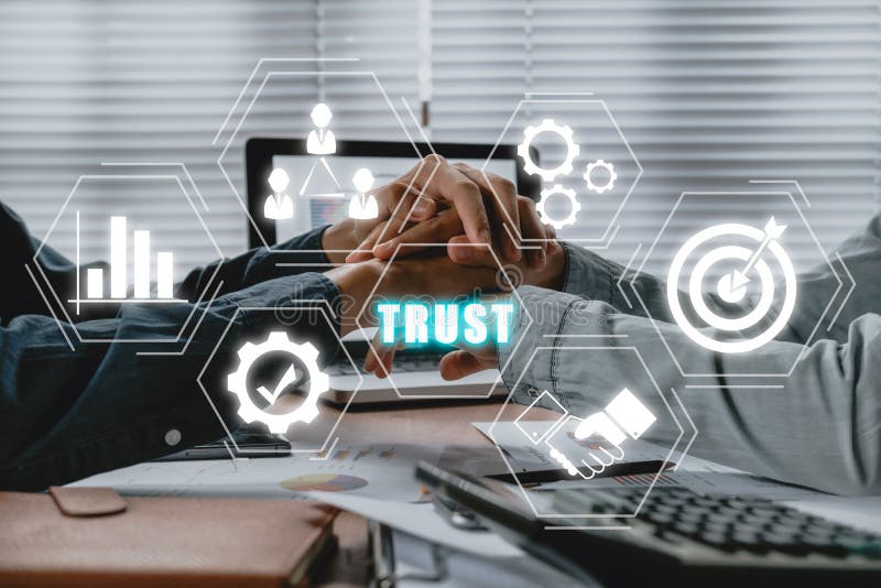 Business Team Discussing Data on Office Desk with VR Trust Icon on ...