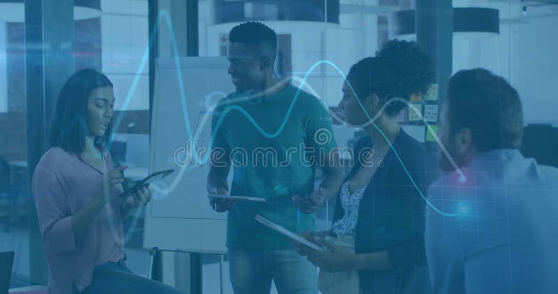 Business Team Discussing Project with Data Visualization Image Over ...