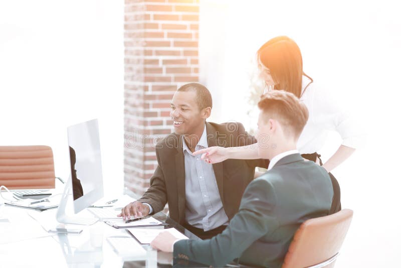 Business Team Discussing Work Problems Sitting at Their Desk Stock ...