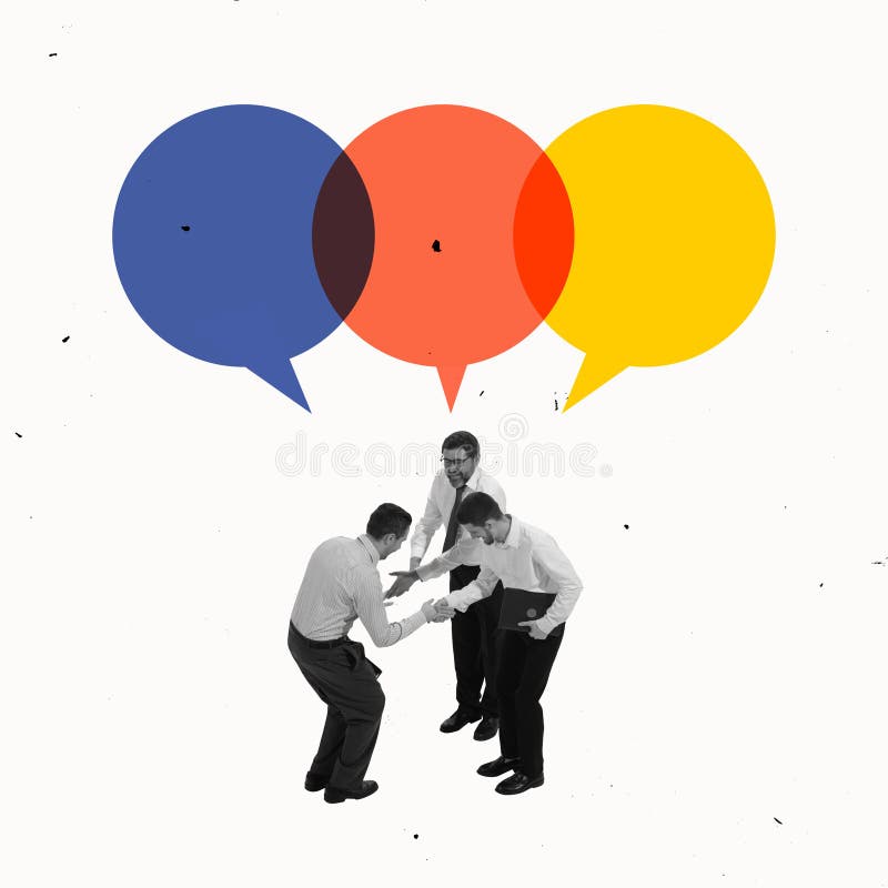 Business Team Engaged in Discussion with Overlapping Speech Bubbles ...
