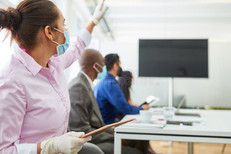 Business Team with Face Mask in a Training Course Stock Image - Image ...