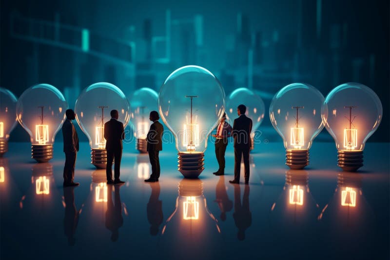 Business Team Gazes at Light Bulbs on Blue Backdrop Stock Illustration ...