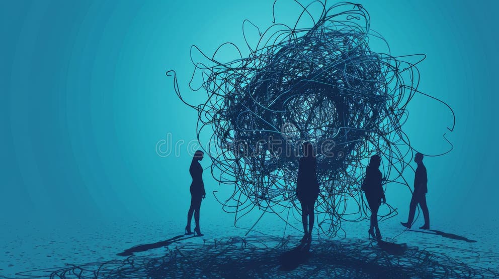 Business Team Grappling with a Complex Issue Depicted by a Jumble of ...