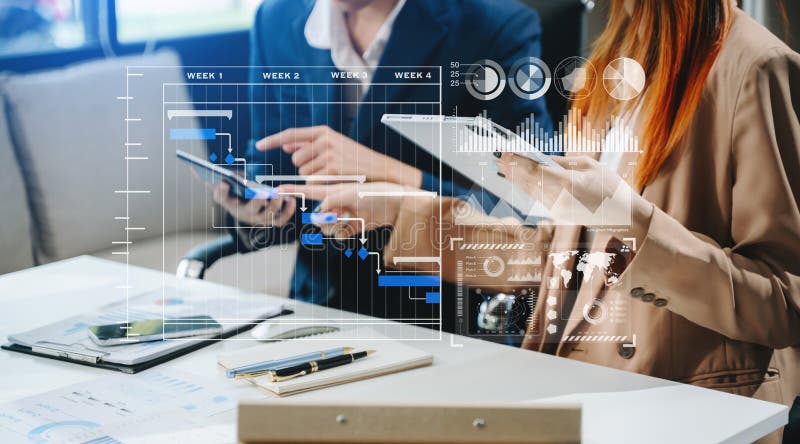 Business Team Hand Project Manager Working and Update Tasks and Gantt ...