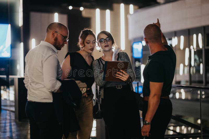 Business Team Having a Discussion at Night in a Modern Office Building ...