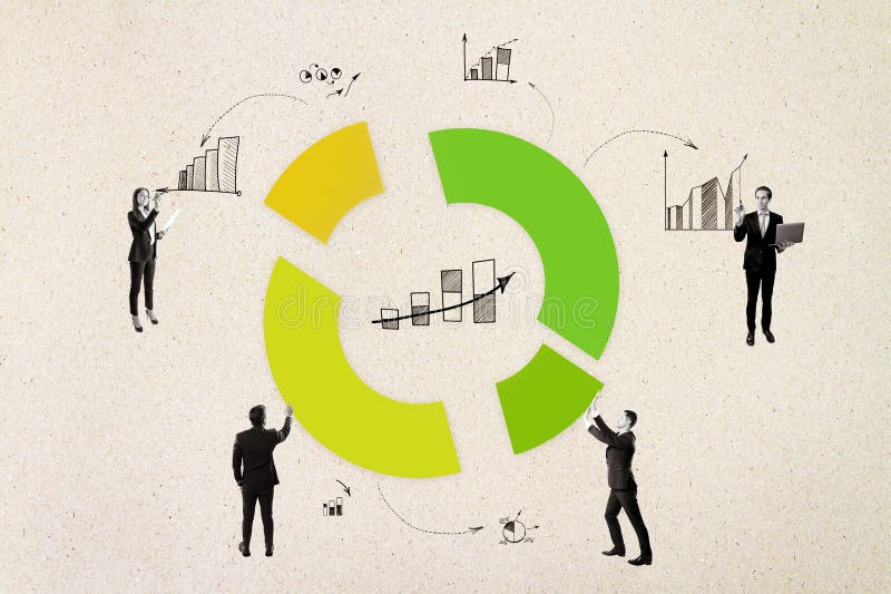 Business Team Interacting with Circular Chart and Bar Graphs on Light ...