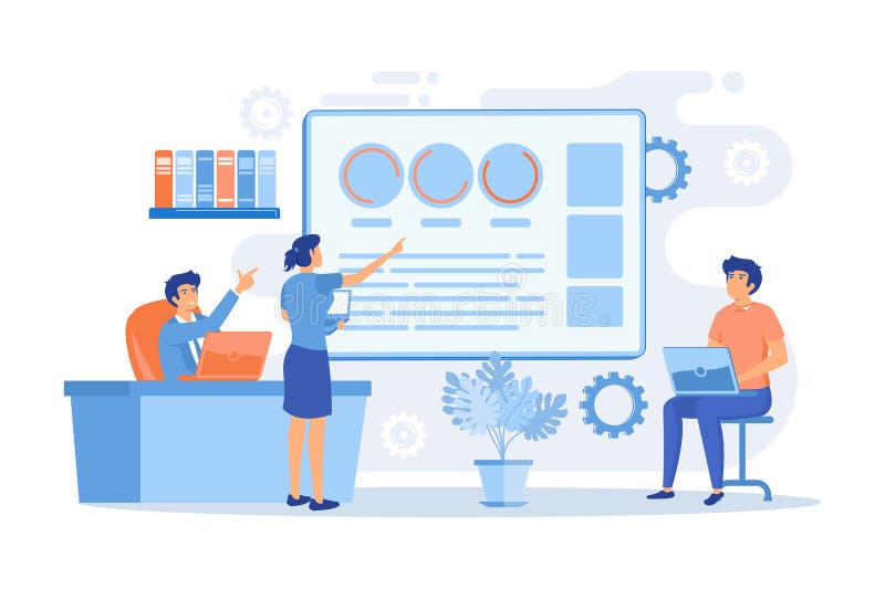 Business Team with Laptops Look at Digital Presentation with Charts ...