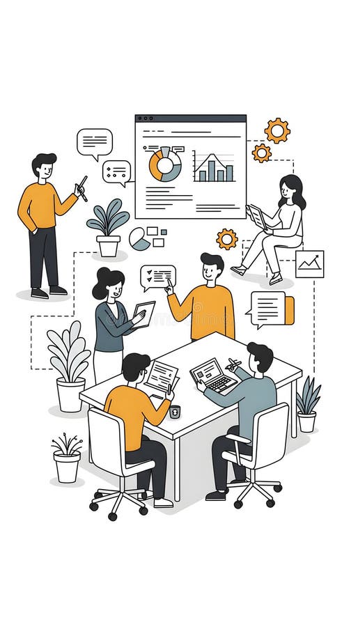 Illustrated Business Team Meeting with Data Charts and Collaborative ...