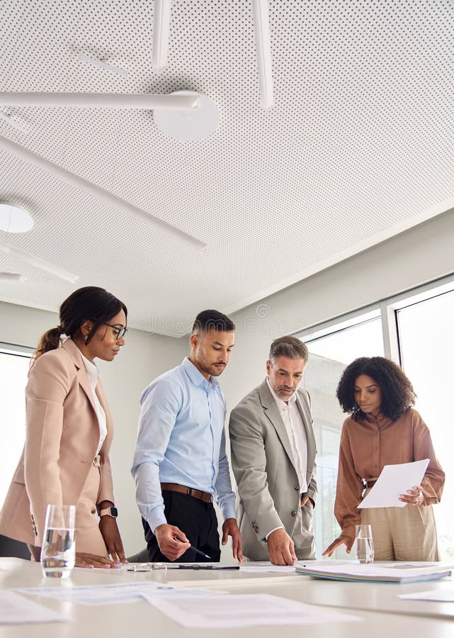 Business Team People Working Standing at Table Office Meeting, Vertical ...
