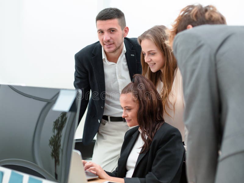 Business Team Reading Information on the Office Computer Screen. Stock ...