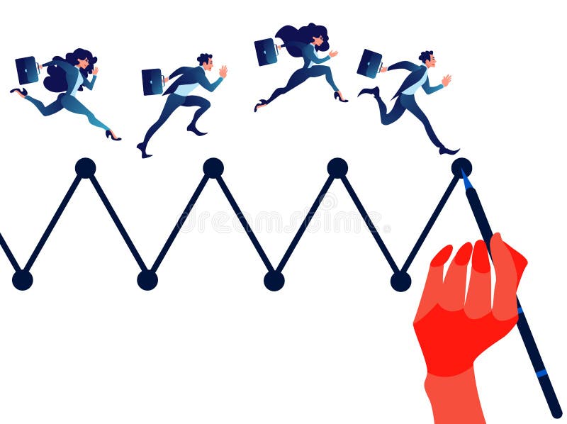 Business Team Running on Drawn Data Graph. Cartoon Character Stock ...