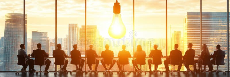 Business Team in Silhouette, Cityscape Background, Hanging Light Bulb ...