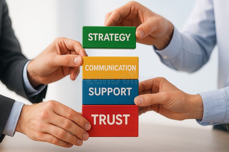 Business Team Stacking Colored Blocks Labeled Trust, Support ...