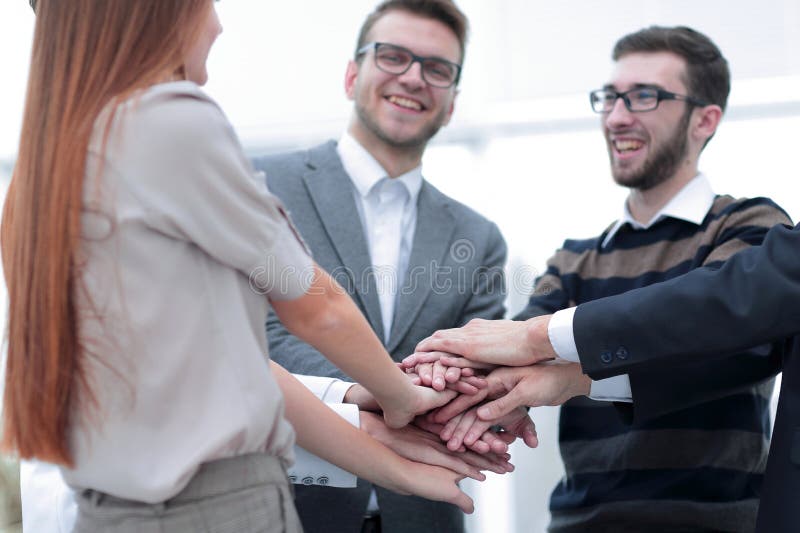 Business Team Standing Joining Hands Together Stock Image - Image of ...