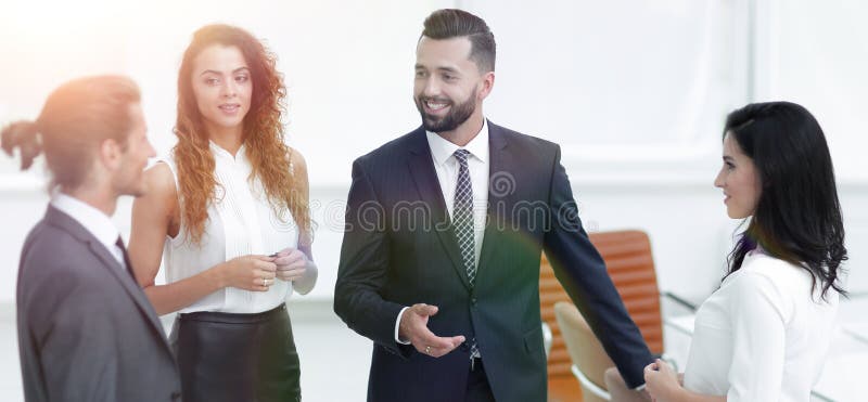 Business Team Talking, Standing in Office Stock Photo - Image of ...