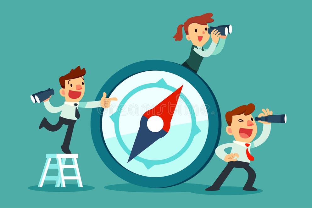 Business Team with Telescope beside Big Business Compass Stock Vector ...