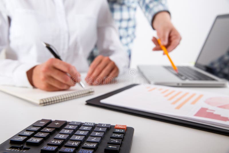 Business Team Two Colleagues Discussing New Plan Financial Graph Stock ...